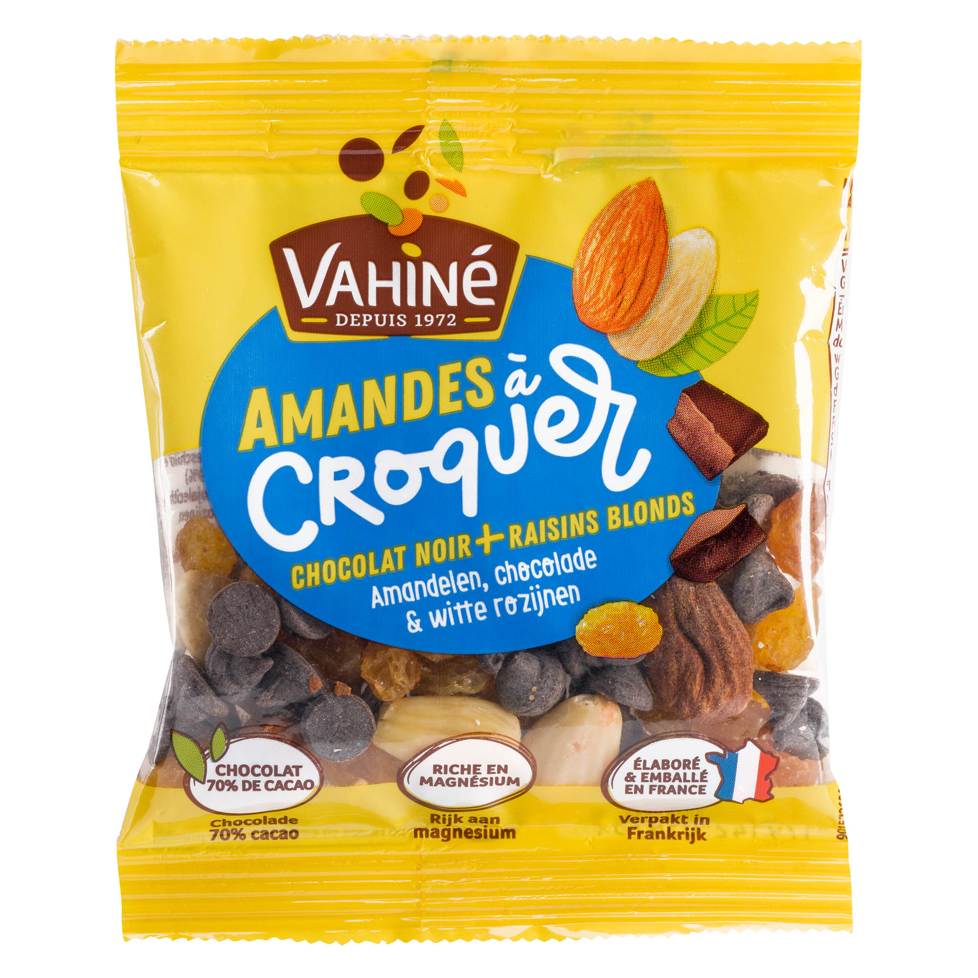 Fruits secs Amandes à croquer chocolat noir et raisins blonds Vahiné ...