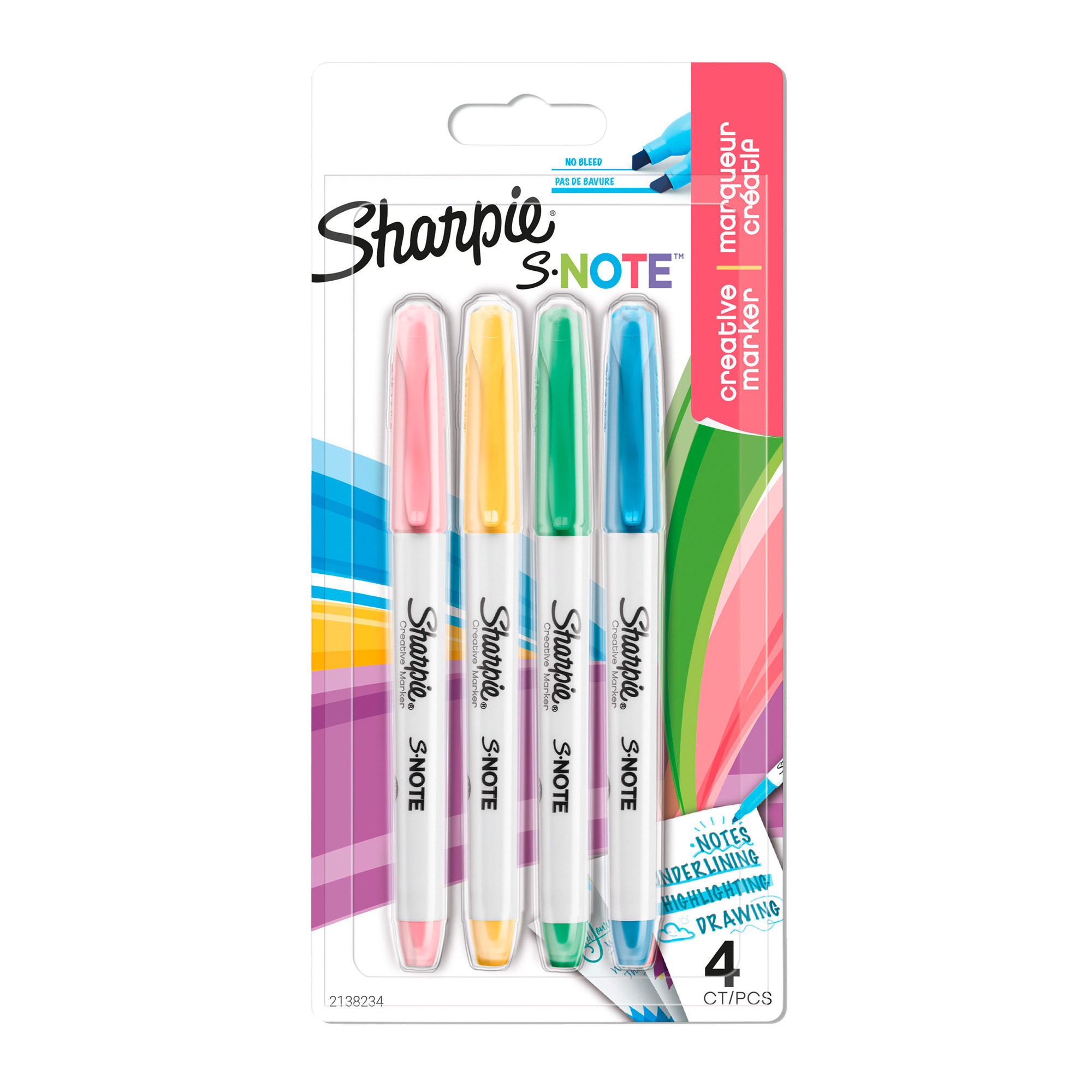 Surligneur Sharpie S-Note couleurs assorties pastel - Blister de 4