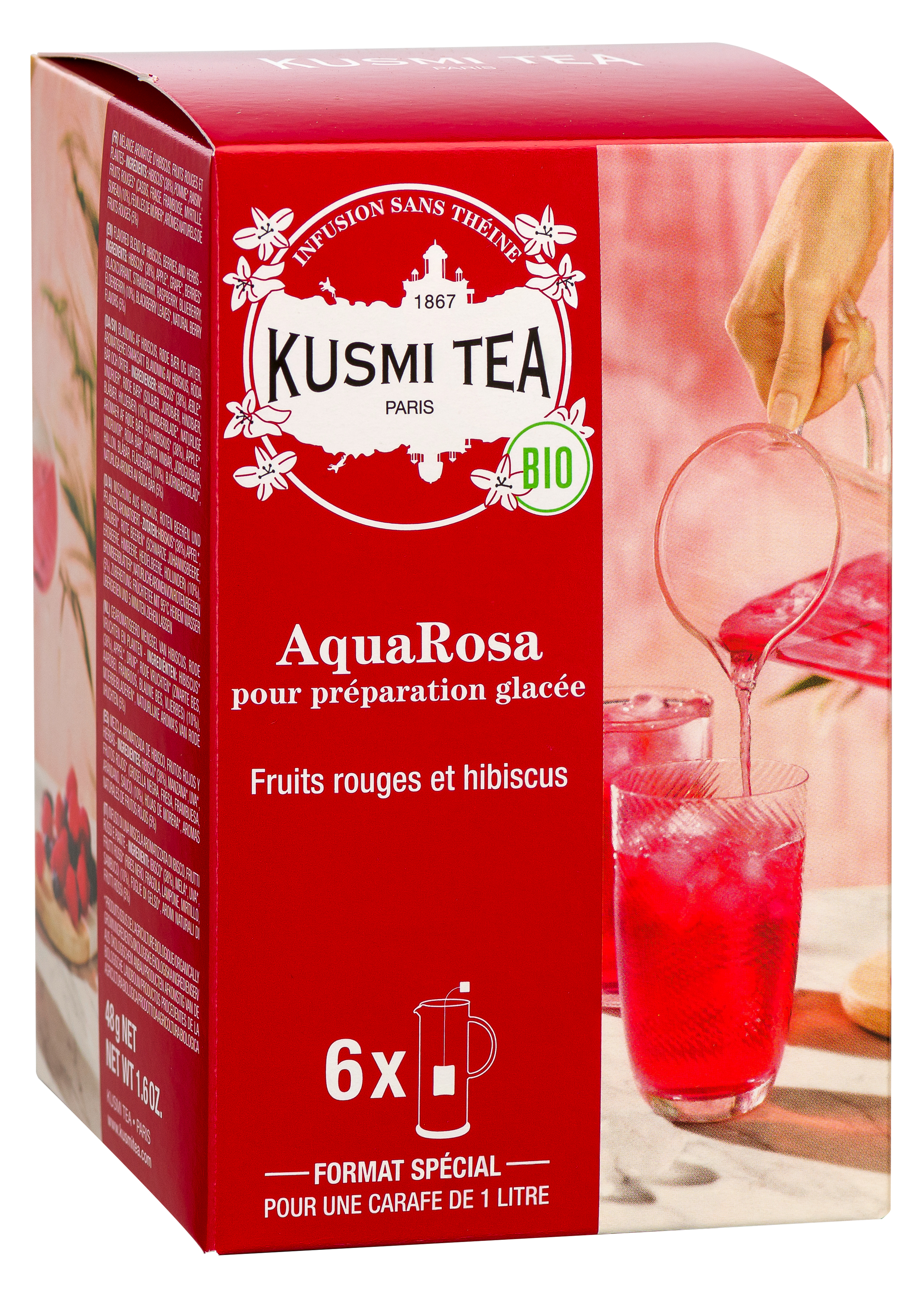 Infusion AquaRosa Bio Kusmi Tea - Boîte de 6 grands sachets spécial carafe