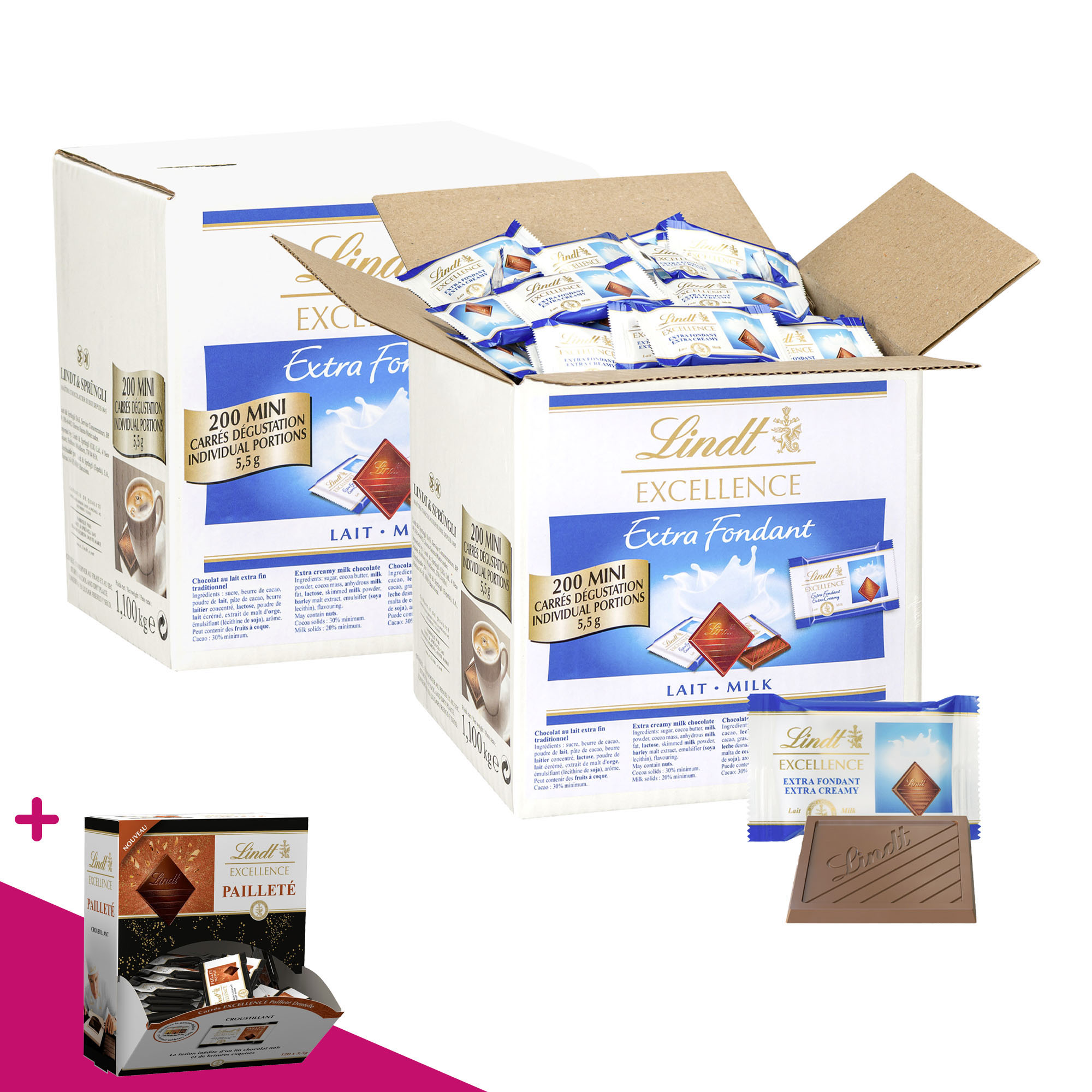 Carrés chocolat lait extra-fin Excellence Lindt -2 Cartons de 200 + 1 ...